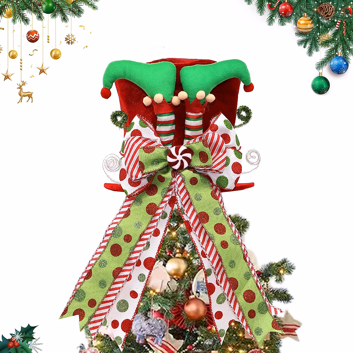 Montekin Christmas Tree Topper Hat with Bow, Red Velvet Top Hat Ornament with Elf Legs and Red & Green Polka Dot Bow, Winter Holidays Xmas Decor for Home Decoration