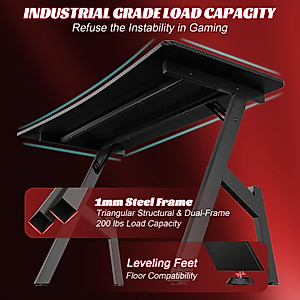 HLDIRECT 55 Inch Gaming Desk with Carbon Fibre Surface Large Computer Desk Gaming Table Ergonomic Pc Gaming Workstation Home Office Desks with Cup Holder & Headphone Hook