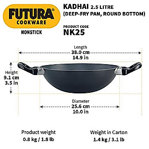 HAWKINS Futura Non-Stick Kadhai Deep-Fry Pan Black 2.5 L