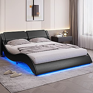 Queen Modern Upholstered Platform Bed Frame Wave-Like Curve Led Bed Frame with Headboard Low Profile Bed Frame with Smart RGB LED Lights,Faux Leather,Easy Assemble,Strong Wood Slats Support,Black