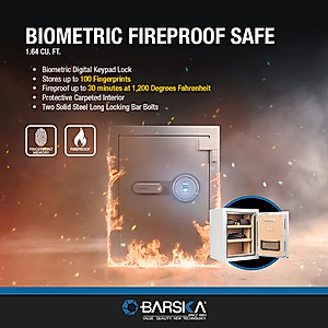 Barska AX13494 Biometric Fireproof Safe 1.64 Cu Ft Metallic Grey with Long Locking Bolts, Gray, Medium