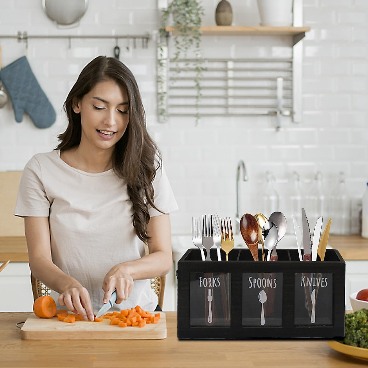 Mibcocny Wood Utensil Caddy For Kitchen Counter, Silverware Organizer Countertop, Spoon And Fork Organizer With Handles, Flatware Cutlery Knife Holder For Party Hosting Storage (Black)