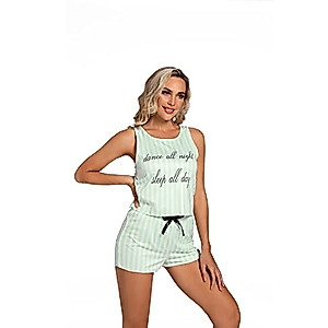 Summer Pajama Set For Women - Green Cartoon Print Sleepwear Sleevless Shirt with Short Large Designed Specifically For Women To Wear During Warmer Months.
