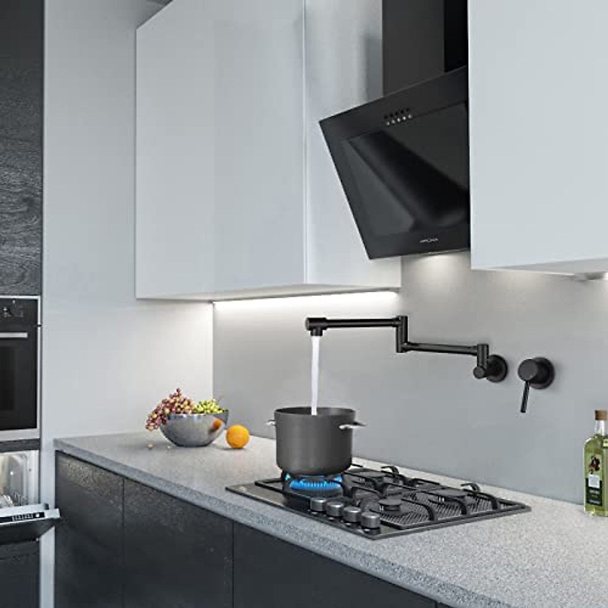 CHALIRS Pot Filler Faucet Wall Mount, Matte Black Brass Pot Filler Faucets, Kitchen Restaurant Sink Faucet Folding Stretchable,Cold and Hot Water Mixer,with Double Joint Swing Arms,Single Handle