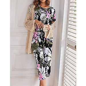 Ekouaer Women's Capri Pajama Sets Floral Print Short Sleeve Sleepwear Top and Capri Pants 2 Piece Loungewear with Pockets Pink Little Flowers XL