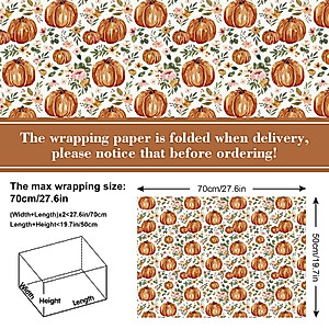 AnyDesign Fall Pumpkin Wrapping Paper Boho Floral Pumpkin Gift Wrap Paper Bulk Folded Flat Autumn Watercolor Flower Art Paper for Thanksgiving DIY Crafts Gift Wrapping, 19.7 x 27.6 Inch, 6 Sheet