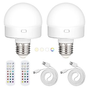 JIOODICH. 2 Pack Rechargeable Battery Operated Light Bulb with Remote Control，Cordless Dimmable LED Bulb with 3 Timer Settings, 15 Colors Selectable, Wireless Puck Light Bulb for Wall Sconce