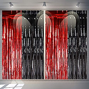PARTVON Graduation Party Red Black Tinsel Foil Fringe Curtains - Casino Viva Las Vegas Game Night Birthday Photo Backdrops Wedding New Years Eve Party Decorations