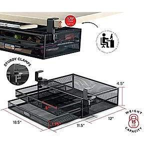 Under Desk Drawer Organizer Clamp-On, Mesh Metal Desk Drawer Attachment, 2 Drawer Slide Out, On Desk Or Under Desk Organizer For Office Supplies & Home Essentials