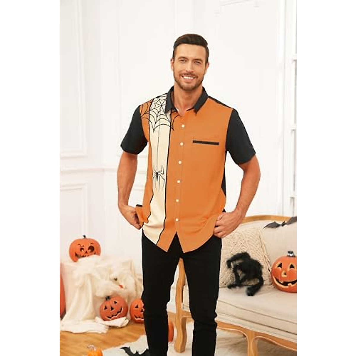 Funny Halloween Shirts for Men Adult Scary Button Up Halloween Bowling Shirts