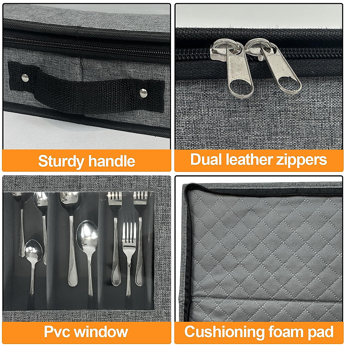 VERONLY Silverware Storage Box - Flatware Case Chest Box, 5 Compartment Tableware Cutlery Container with Removable PVC Lid and Easy to Carry Handles,Large Capacity Utensils(Light Grey)