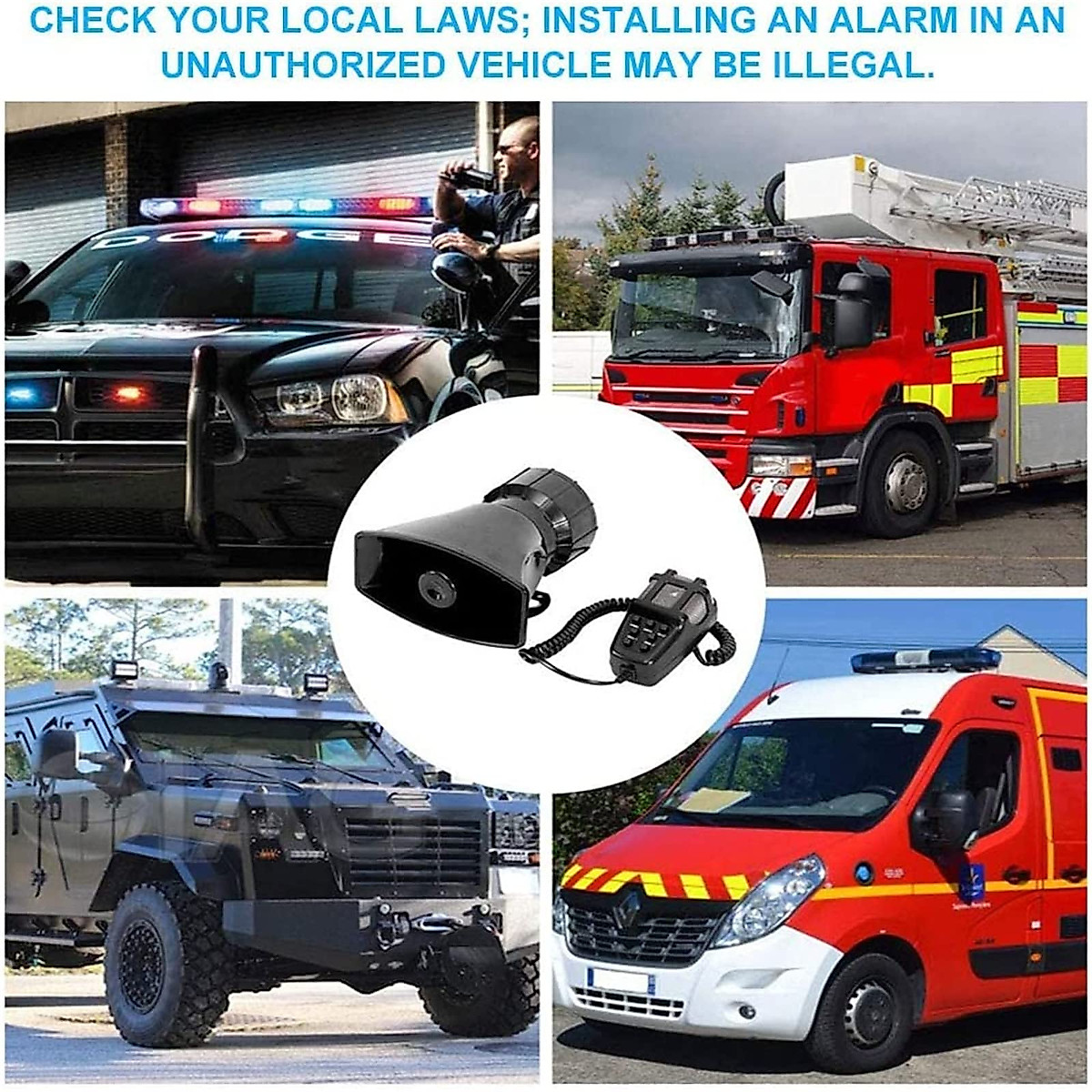 RULLINE 5 Tone Sound Car Siren Vehicle Horn with Mic PA Speaker System Emergency Sound Amplifier - 60W Electric Ambulance/Horn-Hoote/Siren/Traffic Sound with PA Microphone System