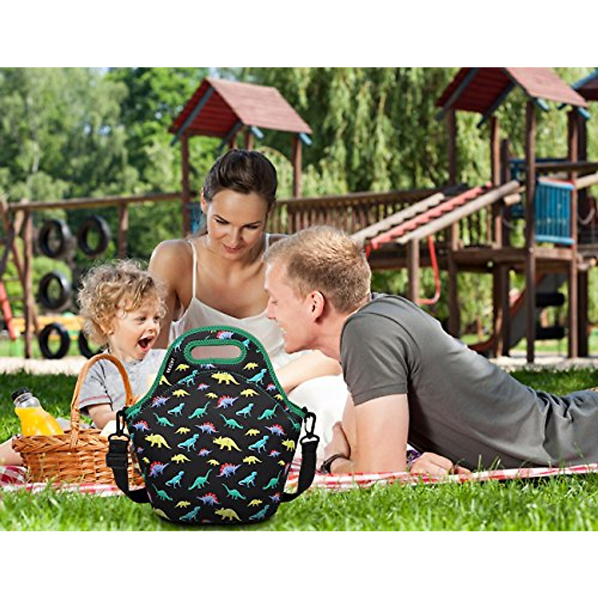 VASCHY Lunch Bag for Children, Neoprene Insulated Lunch Box Bag Tote with Detachable Adjustable Shoulder Strap in Cute Dinosaur