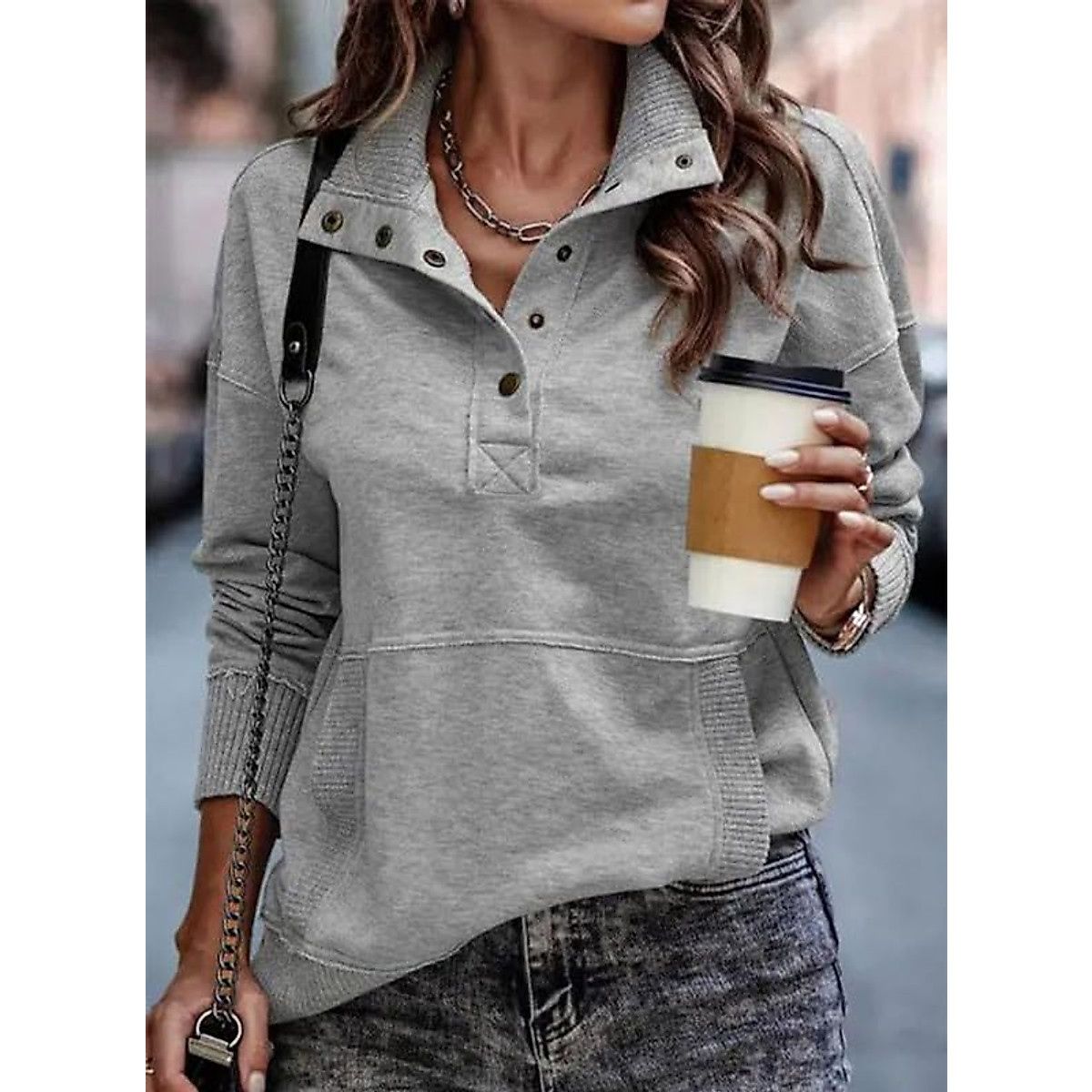 SHEWIN Sweatshirt For Women Loose Fit Casual Button V Neck Solid Lightweight Pullover Sweatshirts Long Sleeve Fall Tops with Pocket,US 8-10(M),Grey