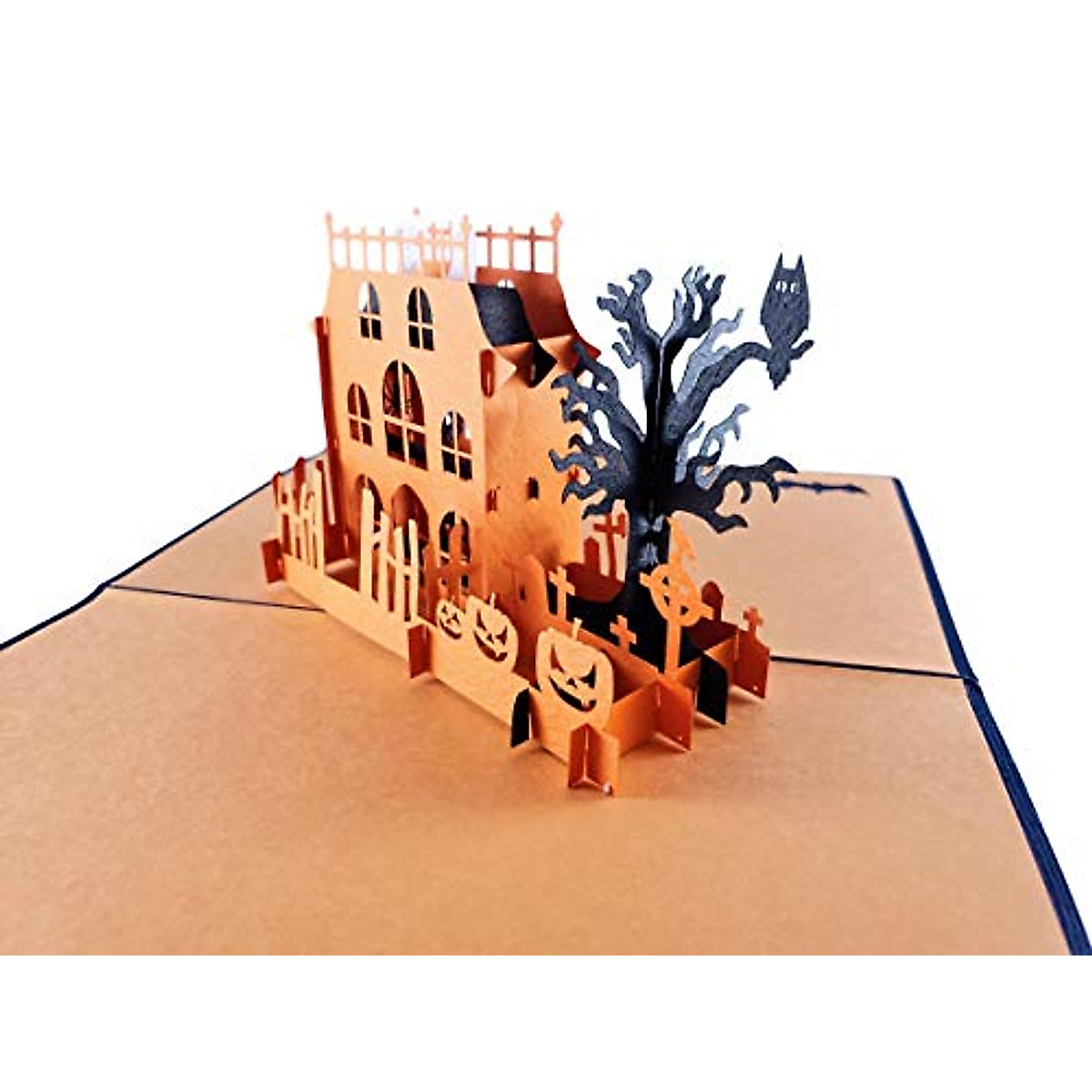 iGifts And Cards Creepy Haunted Mansion 3D Pop Up Greeting Card - Happy Halloween Pumpkin, Friendly Ghost, Evil Witch, Spooky Owl, Large Spider, Black Cat, Fun Birthday Gift, Cute Tombstone & Cemetery