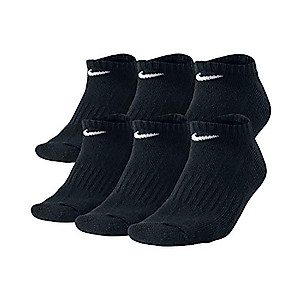 NIKE Dri-Fit Training Everyday Cotton Cushioned No Show Socks 6 PAIR Black with White Signature Swoosh Logo) LARGE 8-12