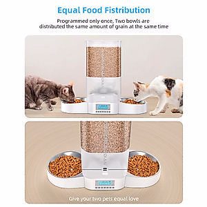 HoneyGuaridan Automatic Cat Feeder for Two Cats,5L Cat Food Dispenser with 2 Stainless Steel Bowl,Timed Cat Feeder Programmable 1-6 Meals Control, Dual Power Supply,Desiccant Bag,10s Meal Call(White)