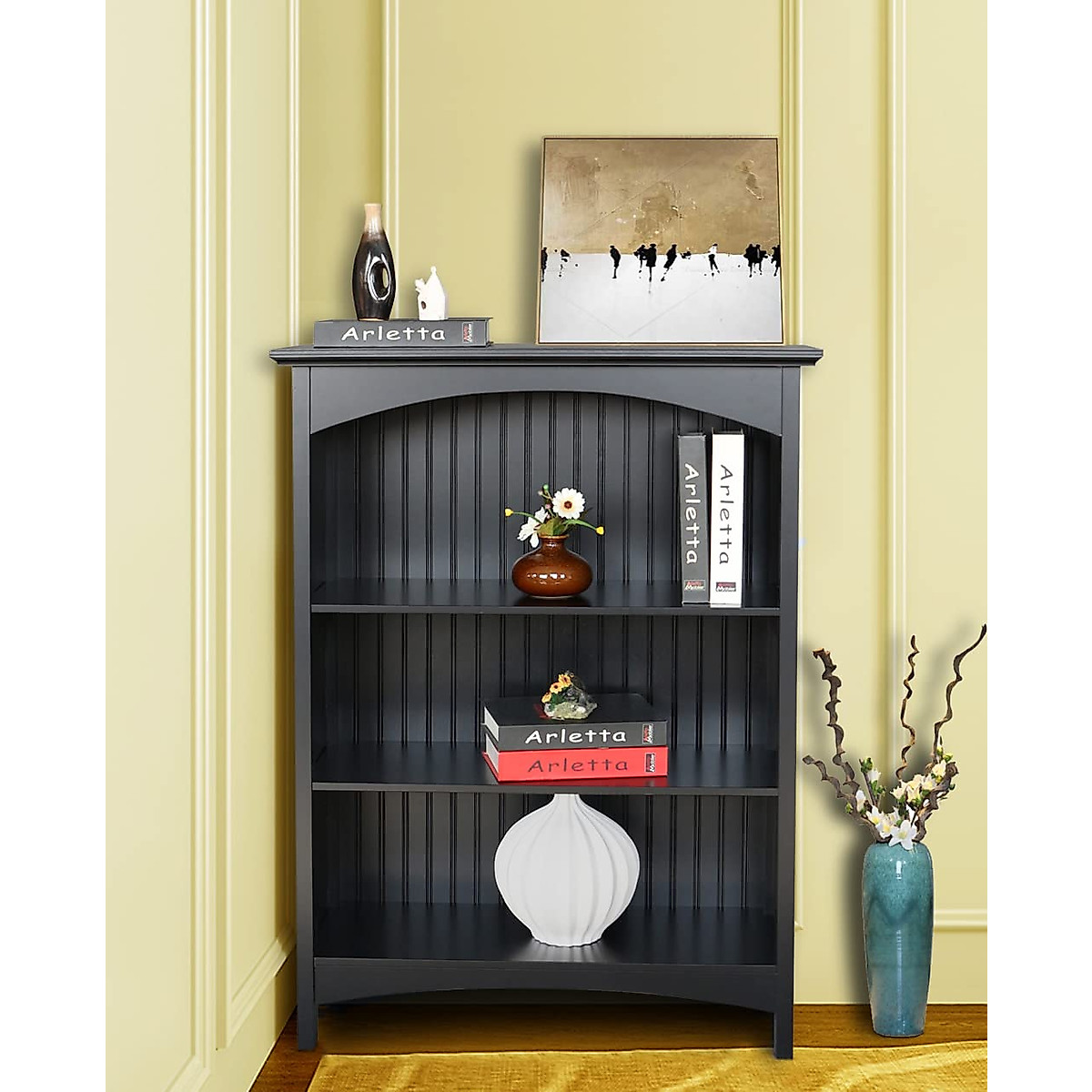 eHemco 3 Tier Bookcase with 2 Arched Supports, 40 Inches, Black