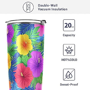 HXshaoye Hawaiian style tropical flowers palm leaves bright neon colors Stainless Steel water bottle with straw with Straw Lid travel coffee mug with lid for camping portable mug 20 oz vaso térmico