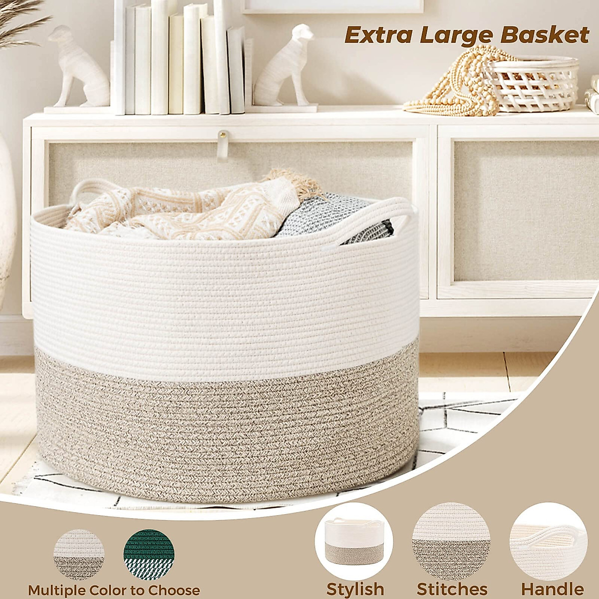 Vazpalas Extra Large Storage Basket-83L Rope Blanket Basket in Living Room, Jumbo Laundry Basket Baby Toy Basket with Large Handles, Bedroom Pillow Basket Clothes Laundry Hamper, 21.8" x 21.8" x 13.8"