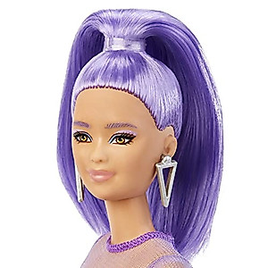 Barbie Fashionistas Doll, Petite, Long Purple Hair & Purple Metallic Dress, Sheer Bodice & Sleeves, Purple Sneakers, Toy for Kids 3 to 8 Years Old
