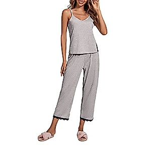 LYANER Women's Pajamas Set V Neck Sleeveless Cami Top with Pants PJ Sets Sleepwear Grey Medium