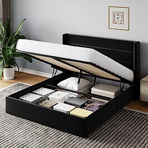 HOOMIC Queen Size Lift Up Storage Bed with Wingback Headboard/Velvet Upholstered Platform Bed Frame/Heavy-Duty Hydraulic Bed/Large Underneath Storage/Strong Wooden Slats Support/Noise-Free/Black