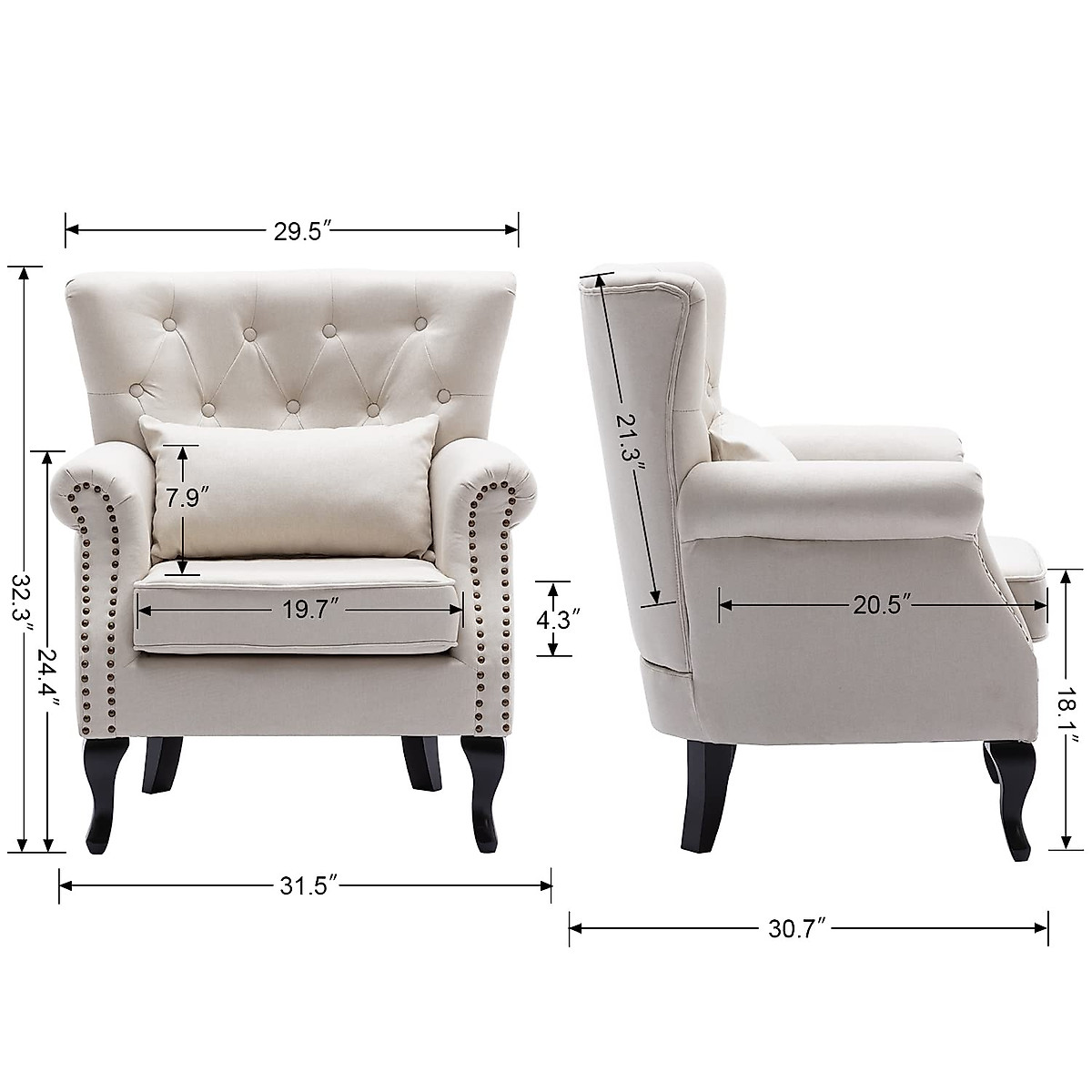 Kmax Fabric Club Chair Tufted Throne Chair Mid Century Accent Wingback Chair Padded Seating Wood Legs Home Club Bedroom Living Room, Beige