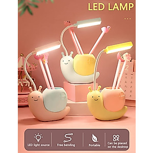 Cute Kids Lamp with Pen Holder,LED Desk Lamp for Child,Snail Shape USB Charging Student Learning Eye Protection Lamp with 360° Bendable Adjustable Neck Yellow