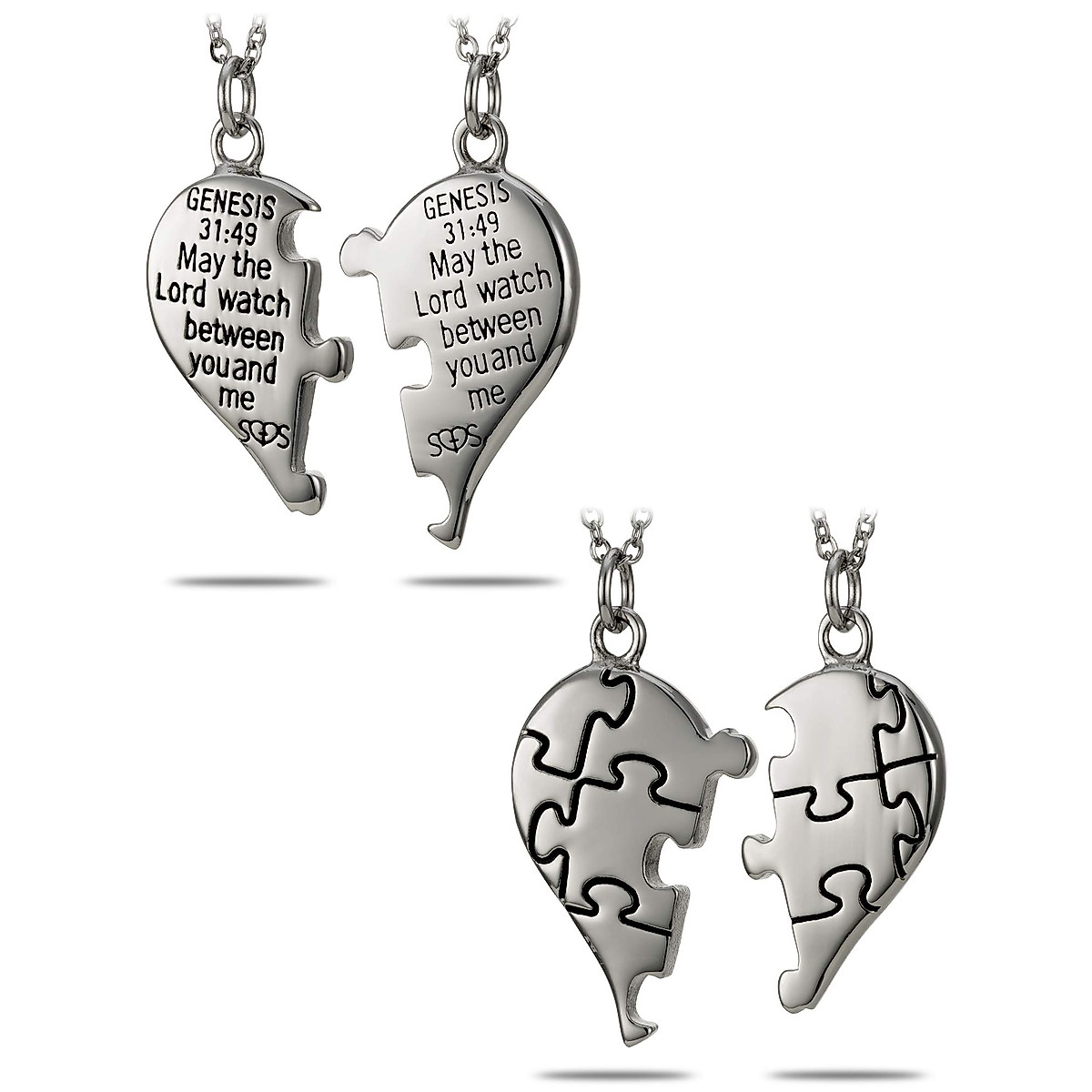 Stainless Steel Puzzle Piece Split Heart Necklace-Genesis 31:49