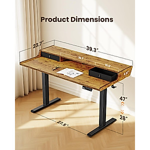 ErGear Electric Staning Desk with Drawers, 40x24 Small Gaming Desk with Monitor Stand, Stand up Desk, Home Office Height-Adjustable Desk with Storage Shelf, Vintage Brown, EGESD35V