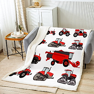 Red Tractor Sherpa Blanket Heavy Equipment Fleece Throw Blanket Kids Boys Girls Harvester Tractor Plush Blanket Farm Equipment Fuzzy Blanket for Sofa Bed Couch,Twin 60x80 Inches