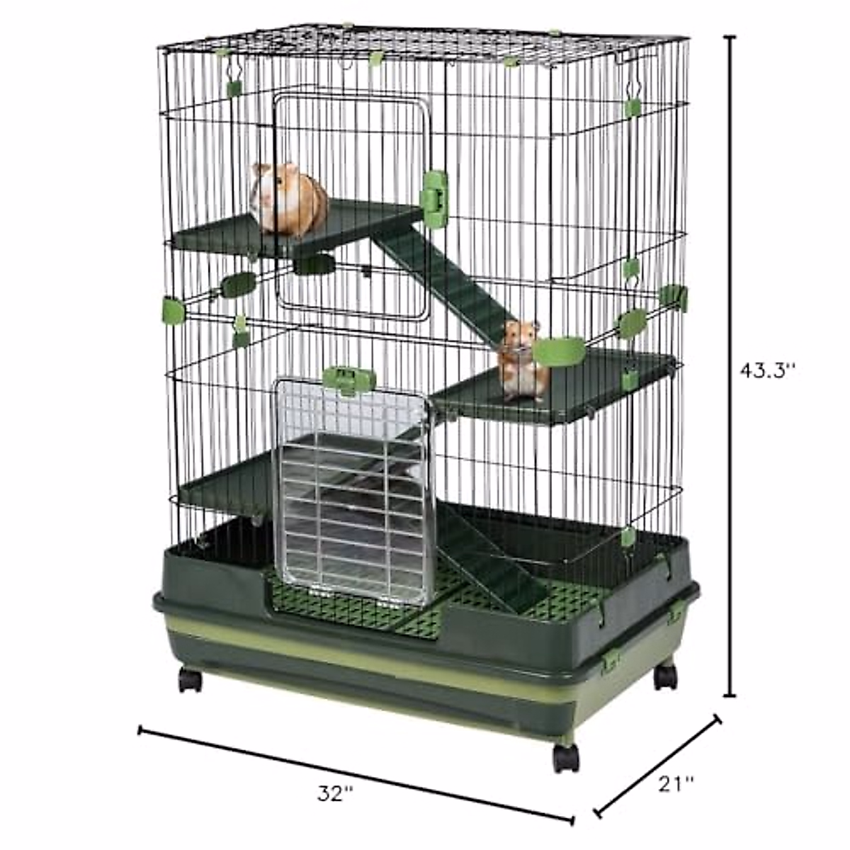 4-Tier Animal Metal Cage Small Cat Cage Height Adjustable Rabbits Cage with Lockable Casters, Pull-Out Tray Fits Rabbits, Chinchillas, Ferrets, Guinea Pigs, Squirrels, Hedgehogs (Green)