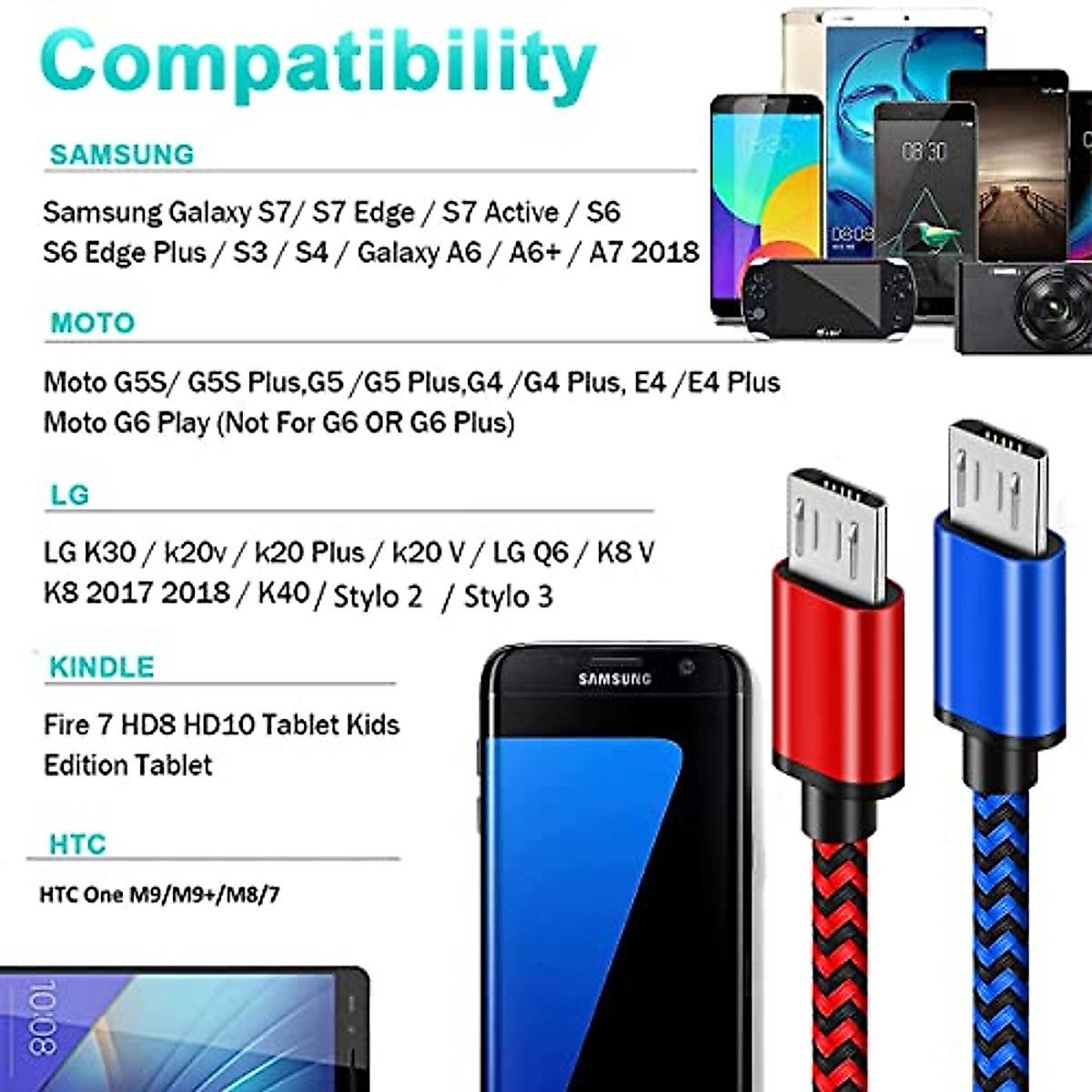 Micro USB Quick Charger Cable 2Pack 10FT Long Android Phone 2.1A Fast Charging Cord for Samsung Galaxy S7 S6 Plus/Edge/Active,J3 Luna Pro/Prime J7 Star/Crown,Note 5/4,LG Stylo 3 2 K30 K20,PS4 Pro