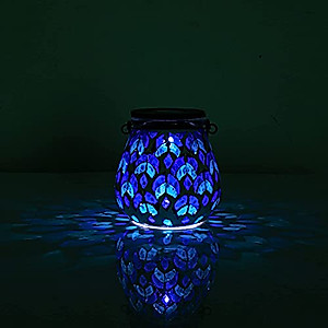 Afirst Mosaic Solar Lanterns - Glass Hanging Lights Hollow Out Waterproof Outdoor Decorative for Garden, Patio, Holiday Party Outdoor Decoration, 1 Pack