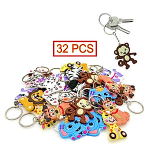 JZK 32 Pcs Animal keyring set for kids, Silicone animal keychains for children birthday party favours, kids party bag fillers, kids party thankyou gift graduation gifts