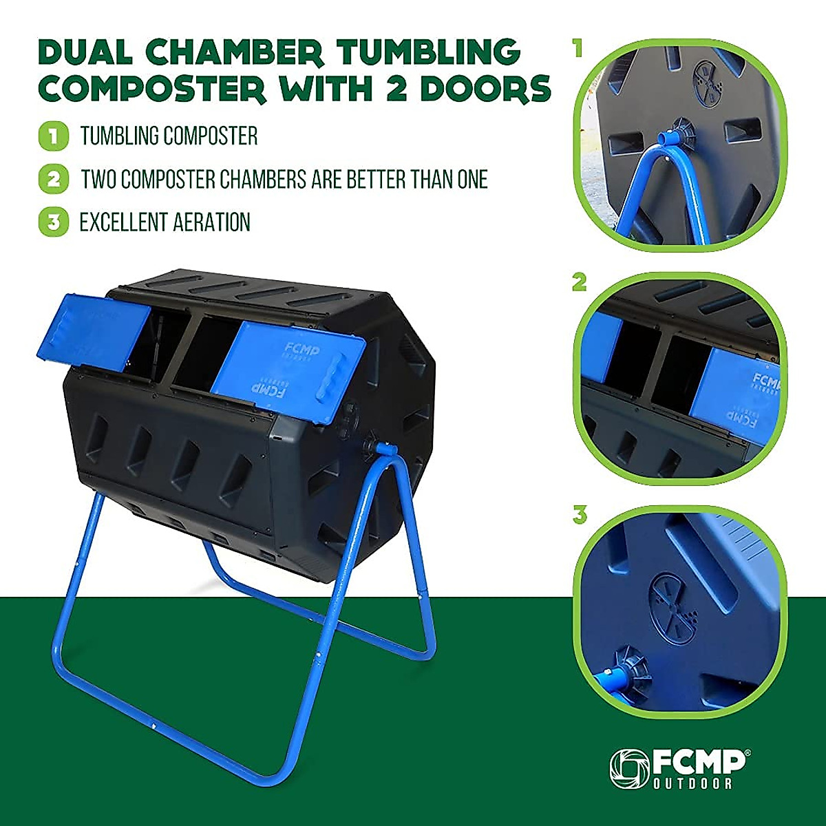 FCMP Outdoor IM4000-DD Dual Chamber Tumbling Composter with Double Doors (Blue) Canadian-Made, 100% Recycled Resin