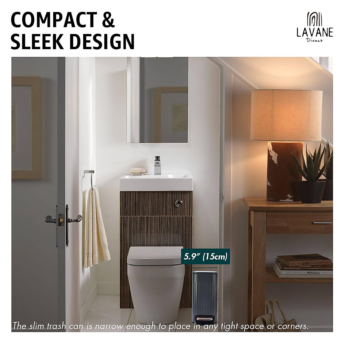 La Vane 6 Liter / 1.6 Gallon Slim Bathroom Trash Can with Lid Soft Close, Stainless Steel Small Grey Garbage Can with Removable Inner Bucket & Step Pedal for Toilet Kitchen Laundry Bedroom Hotel