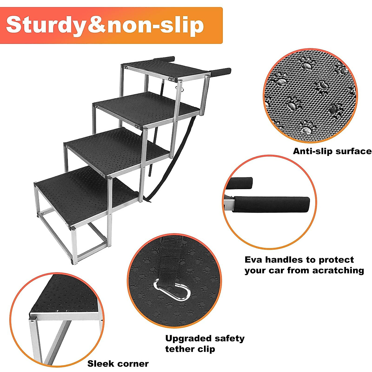 Extra Wide Foldable Dog Car Stairs for Large Dogs, Portable Aluminum Pet Ramp with Non-Slip Surface, Lightweight Dog Ladder Ramp for Cars, High Beds, SUV, Trucks, 4 Steps, Supports up to150 lbs