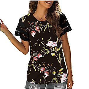 Lace Tops for Women, Womens Blouses Short Sleeve Hide Belly Tunic Long Flowy Dressy Blouses to Wear with Leggings Womens Shirts Blouses for Women Plus Size Women Tops Dressy Casual