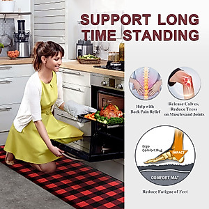 Carvapet Buffalo Plaid Kitchen Mat Cushioned Anti Fatigue Comfort Floor Mat Waterproof Non-Slip Kitchen Foam Rug Ergonomic Standing Mat for Home Kitchen Office Laundry, Black & Red,17.3"x28"