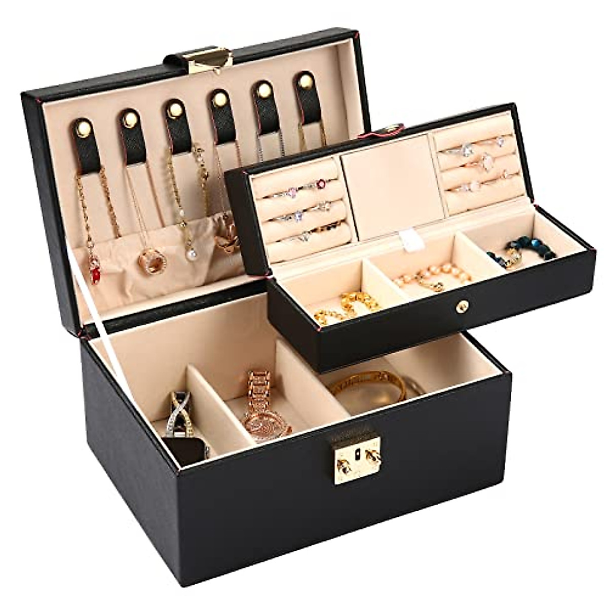 CHFONG Jewelry Box, 2 Layers PU Leather Display Jewellery Holder, Removable Travel Portable Jewelry Case for Necklace Earrings Rings Bracelets, Jewelry Boxes Organizer for Women Girls Wife - Black