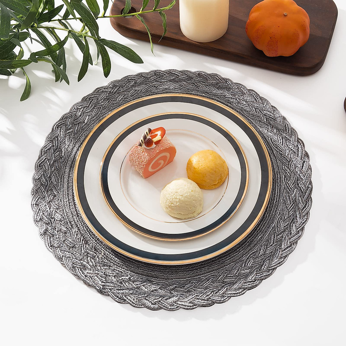 SHACOS Round Placemats Set of 6 Woven Round Table Mats 15 inch Braided Border Washable Cotton Polyester Circle Place Mats, Gray