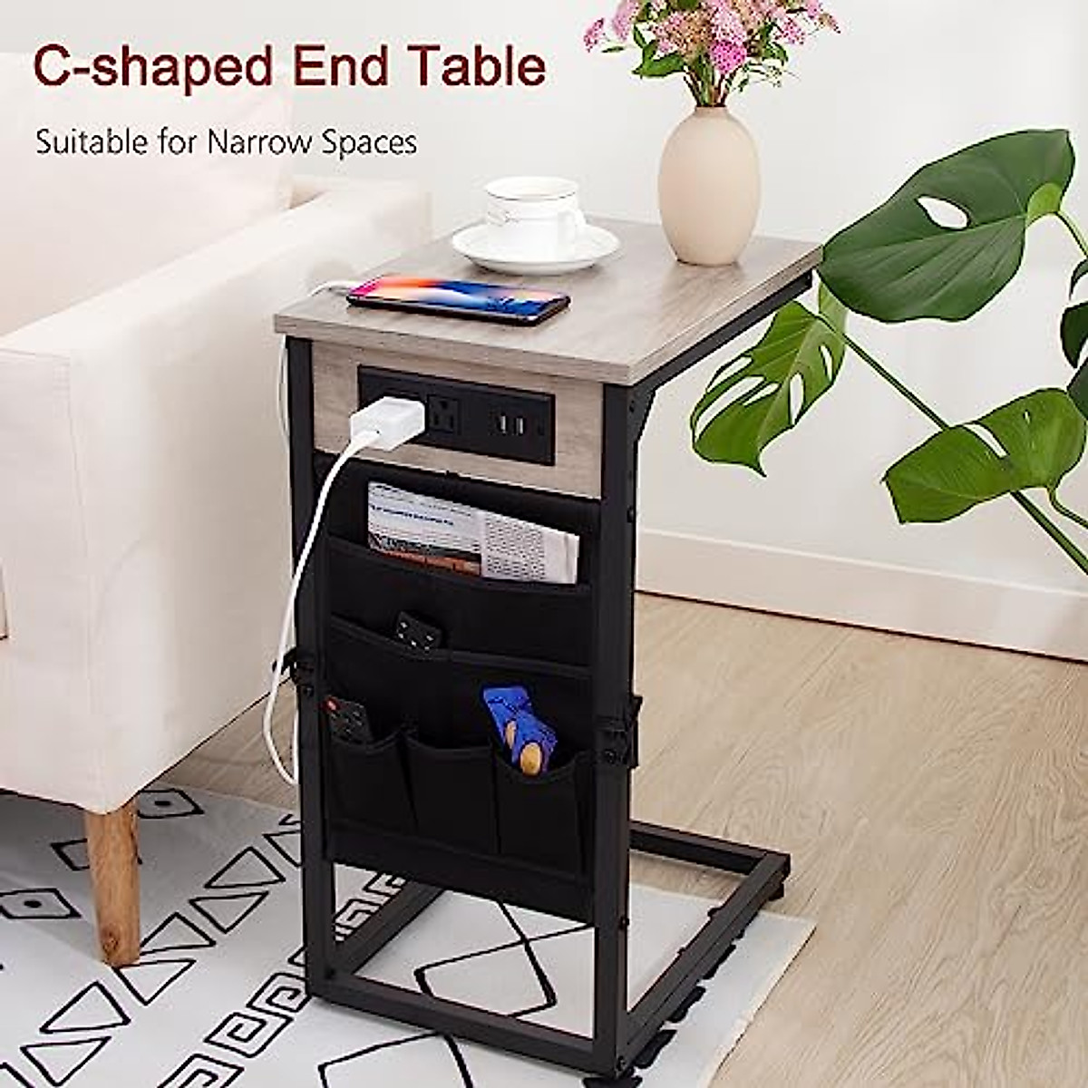 AMHANCIBLE C Table,Set of 2, C Shaped Side Table for Living Room,Couch Tables That Slide Under with Charging Station,C Table End Table for Couch Grey HET04CGY