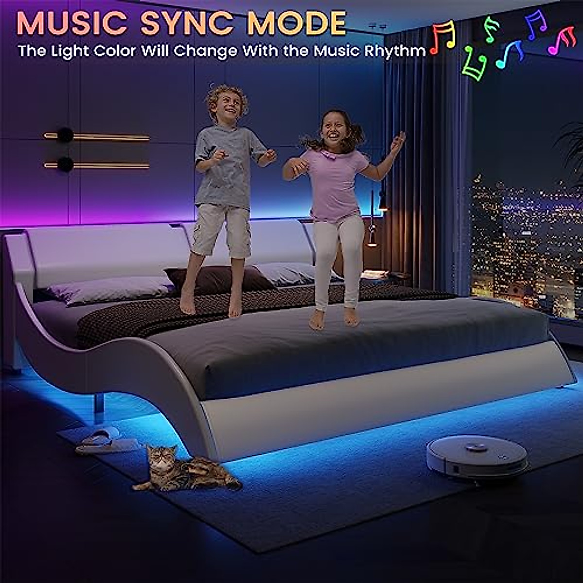 DICTAC King Size Bed Frame with LED Lights Modern King Led Bed Frame with Upholstered Headboard Faux Leather Low Profile Platform Bed Frame Wave Like Curve Bed Frame,No Box Spring Needed,White