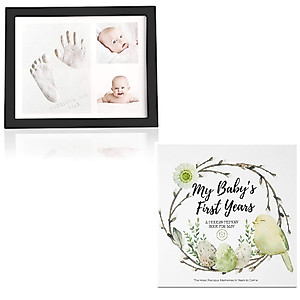 Newborn Baby Keepsake Set Bundle - Baby First 5 Years Memory Book & Baby Handprint Footprint Keepsake Photo Frame - Baby Nursery Art Kit and Journal For Baby Boys & Girls