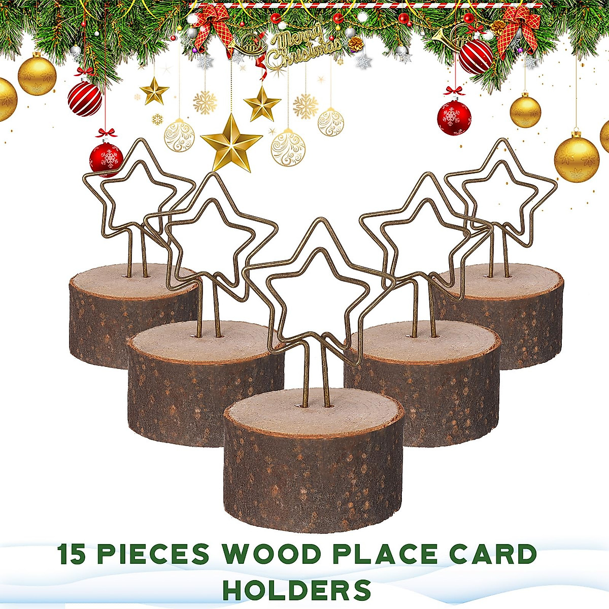 Teenyyou 15 Pcs Wood Table Number Holders Stands Christmas Wooden Base Place Card Holders Picture Holders for Centerpieces Rustic Iron Wire Picture Picks Clip Holder Stand (Star)