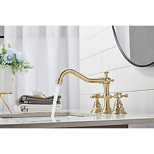 2 Handles Bathroom Faucet GGStudy Brushed Gold 2 Handles 3 Holes Widespread Bathroom Sink Facuet Farmhouse Washingroom Faucet Mixer Tap