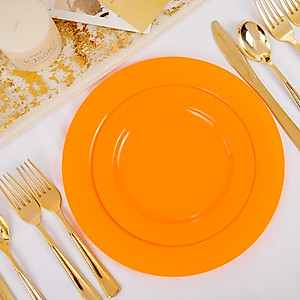 FLOWERCAT 60PCS Orange Plates - Heavy Duty Orange Plastic Plates Disposable for Easter Party - Include 30PCS 10.25inch Orange Dinner Plates and 30PCS 7.5inch Orange Dessert Plates