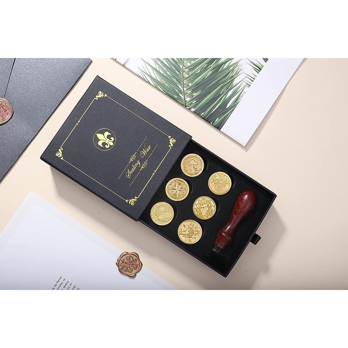 Wax Seal Stamp Gift Box Set, 6 Pcs Sealing Wax Stamps Copper Seals 1 Wooden Hilt, Wax Stamp Kit for Cards Envelopes, Gift Packaging (Vast Universe Series)